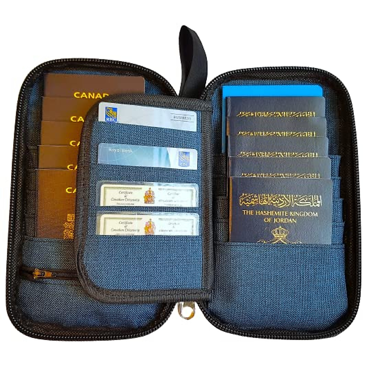 ALFARRA 10 Passports Family Travel Document Wallet - 10 Passport Pockets and 8 ID Slots, SIM Card and Coin Zipper Pouch, Dark Blue with Black Border Seam, Casual, Hand-crafted
