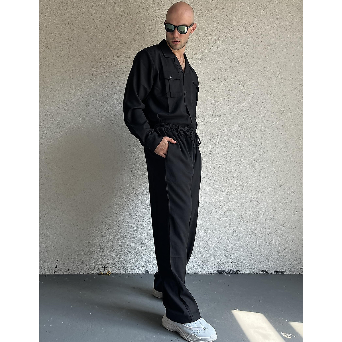 COODANDY Men Beach Vacation Outfit Two Piece Casual Pants and Long Sleeve Cuban Collar Shirt Sets (Sky Blue, Large)