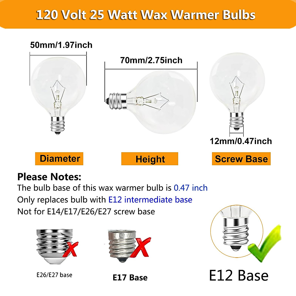 Wax Warmer Bulbs 25 Watt,G50 Light Bulbs for Full Size Scentsy Warmers,120V E12 Base G16.5 Globe Clear Light Bulbs for Candle Wax Warmer,Dimmable,Long Lifespan,Warm White,6 Pack