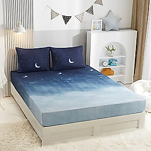 HYPREST Bed in A Bag Queen Comforter Set with Sheets - 7 Pieces Queen Teen Comforter Sets for Girls Boys, Monn Star Blue Bedding Comforter Sets Super Soft Lightweight Breathable(Oeko-Tex Certified)