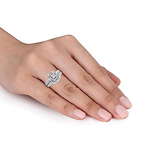 1/3 Carat (ctw) Lab-Created White Sapphire Bridal Engagement Ring and Wedding Band Set with Diamonds in Sterling Silver
