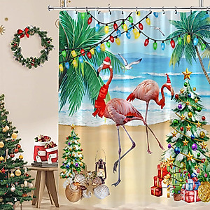 WZFashion Pink Christmas Flamingo Shower Curtain Tropical Ocean Beach Palm Funny Summer Xmas Tree Colorful Balls Holiday Fabric Bath Curtain set with Hook