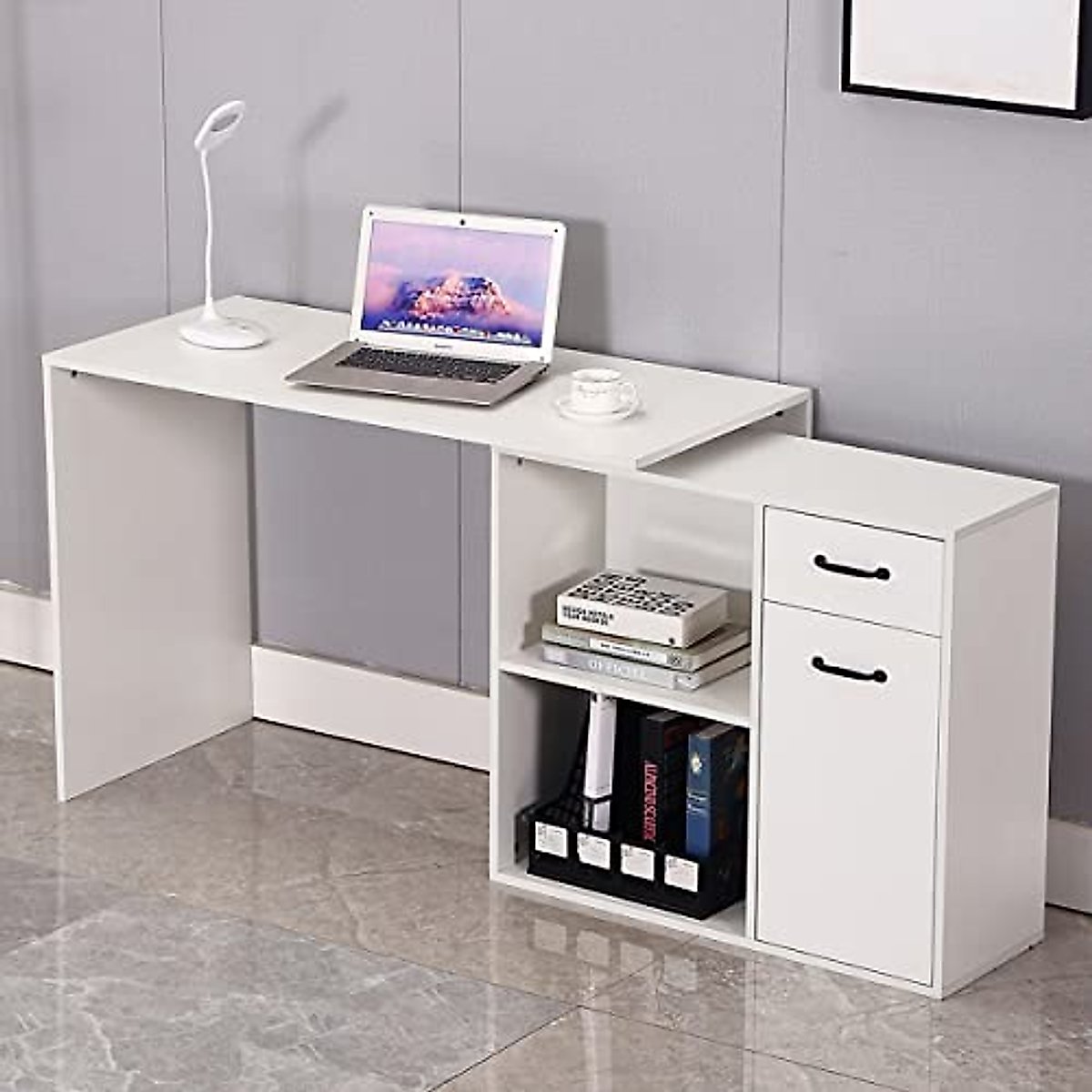 VANSPACE L-Shaped Rotating Computer Desk 68 inch with Storage Shelves Home Office Corner Desk with Drawers and File Cabinet Multipurpose Study Writing Table for Bedroom Small Space White