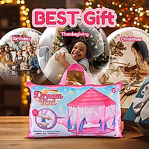 KIDAMI Princess Tent 55" x 53" Large Playhouse for Kids, Barbie Tent Pink Castle, Toddlers Play Tent with Star Lights and Carry Bag, Birthday Gifts and Toys for Girls Indoor and Outdoor