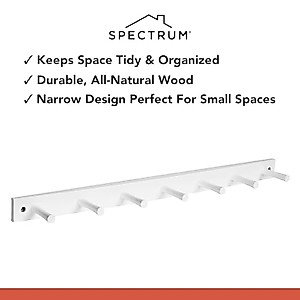 Spectrum Diversified Wall-Mounted 7 Peg Wood Hook, Hat Organizer & Coat Hanger for Entryway or Closet Bathroom Storage Racks for Towels & Bath Robes, White