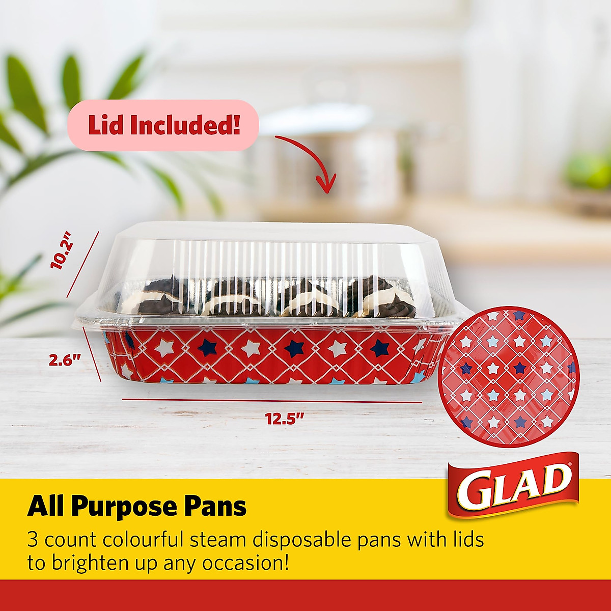 Glad Disposable Aluminum All Purpose Pans in Red, White & Blue Stars, 3ct with Lids - Printed Colorful Foil Steam Pans - 12.5” x 10.2” x 2.16” Aluminum Pan - Disposable Steamware