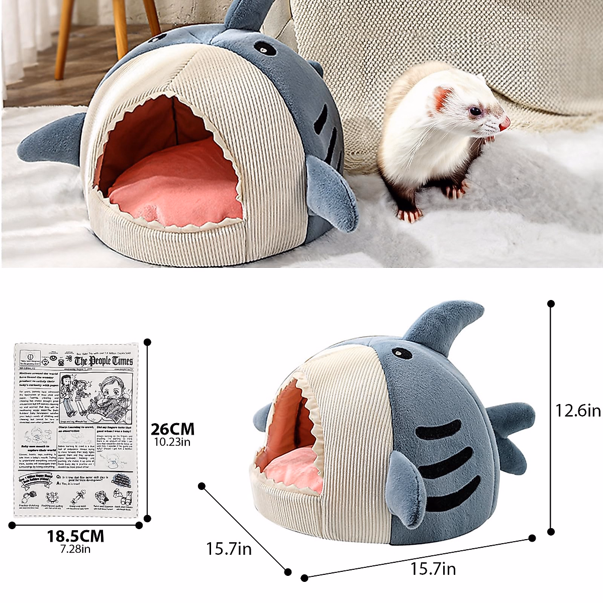 Ferret Bed Cave and Hideouts | Ferret Hammock for Cage | Ferret Hideaway Bed Accessories | for Small Pet Cushion Long Plush Soft Washable for Ferret & Small Animals (Shark Shape)