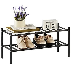 quiqear Bamboo Shoe Rack, 2 Tier Shoe Rack Organizer, Stackable & Durable Shoe Shelf Holder, Free Standing Shoe Racks, Shoe Storage Organizer for Entryway, Closet, Hallway (Black)