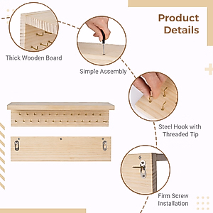 Medal Wall Hanger, Wall-mounted Medal Display Rack, Trophy Shelf and Medal Holder, Wooden Shelf with 25 Steel Hooks for Medals for Athletes, Players in Basketball, Football, Soccer (Wood color)