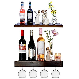 Wine Glass Holder Wall Mounted- Rustic and Compact 17 inch Floating Wine Glass Shelf and Wine Rack Comes with Sturdy hardwares. Made of Real Wood in a Brown Walnut Finish, 2 Tiers.