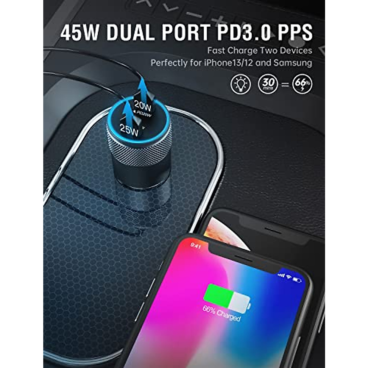 USB C Car Charger, EHO 45W (25W+20W) Dual Port PD 3.0 Dual Type C Fast Car Charger Adapter PPS Super Fast Charger Compatible with iPhone 13 Pro Max/12 Pro Max, Galaxy S22/S21/S20, iPad Air/Pro, Black
