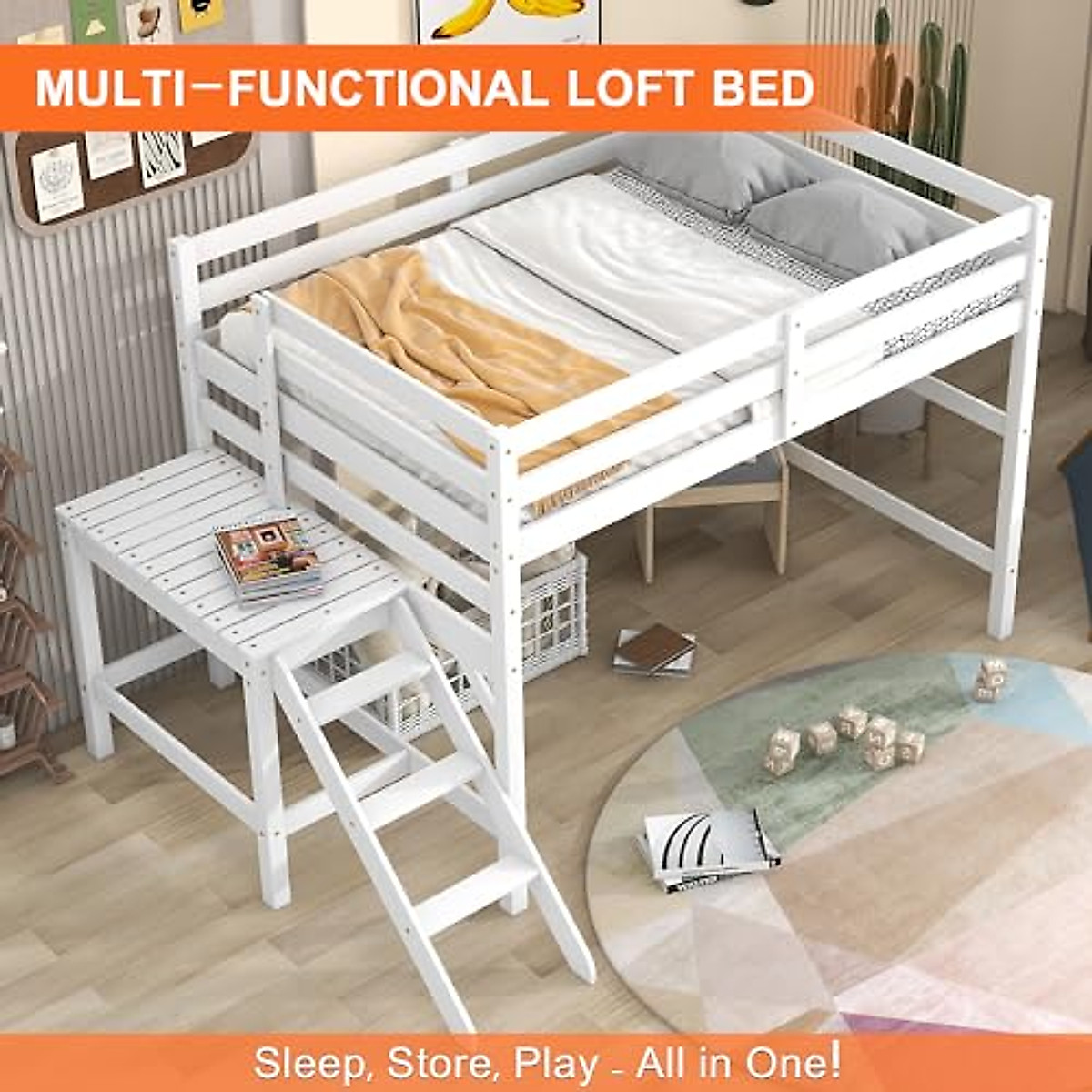 Dolonm Full Loft Bed with Platform, Wooden Low Height Loft Bed Frame with Ladder, Metal Loft Bed Frame for Kids Teens Adults, Full Size for Bedrooms, White