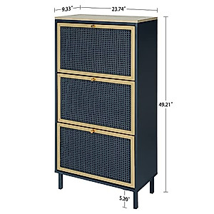 SSLine Industrial Shoe Cabinet with 3 Flip Down Storage Shelves Free-Standing Shoe Rack Elegant Wood Shoe Storage Organizer with Metal Rattan Door for Entryway Hallway Doorway (Blue&Gold-3 Door)