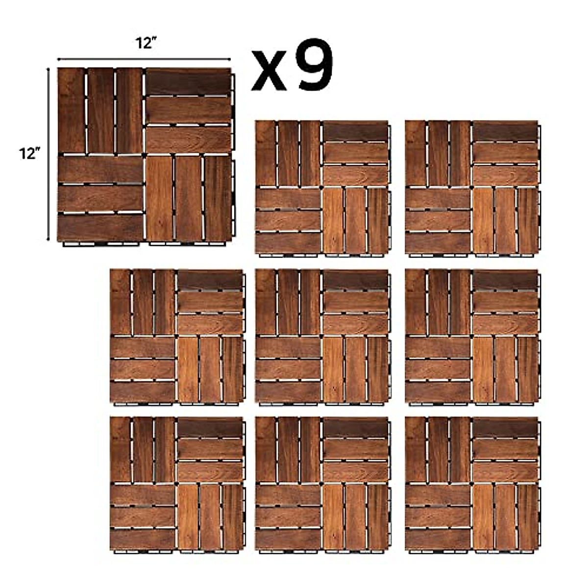 Acacia Hardwood Interlocking Deck Tiles - Walnut Grid - 12"×12" 9pcs - Floor Tiles for Patio and Deck Use Natural Wood Outdoor Decking and Flooring, Rain and Weather Resistant, Heavy Duty