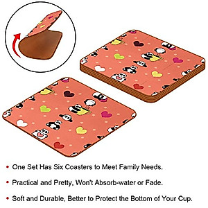 Funny Sleepy Panda Coffee and Hearts Pattern Coasters for Drinks, Set of 6, Coasters for Coffee Mugs Cups Beer Wine Bottle Cocktail Desk Prevent Furniture from Dirty and Scratched