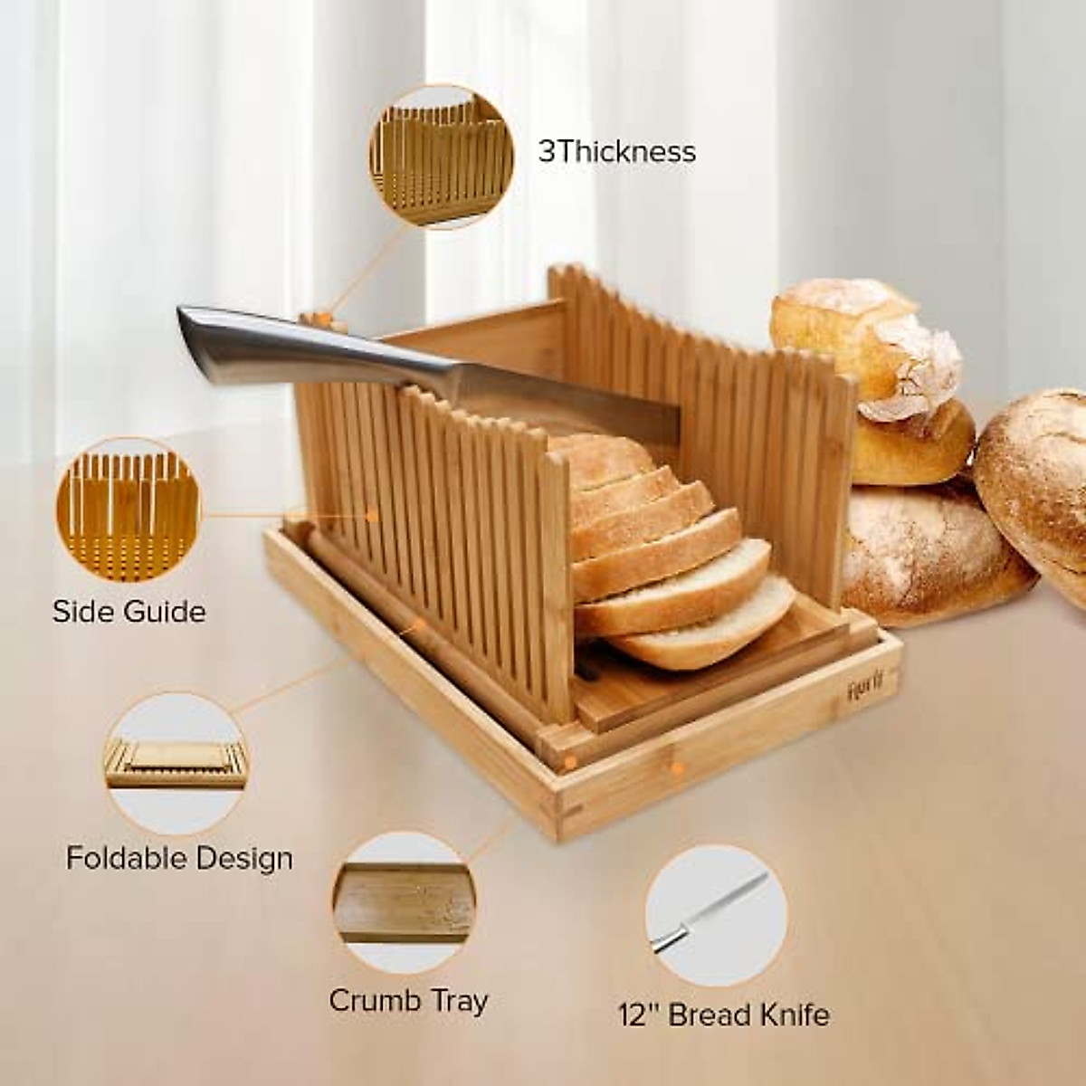 Flurff Bread Knife 14.5 inch & Bread Slicer for Homemade Bread, Bread Slicing Guide, Compact Bread Cutting Guide with Crumb Tray
