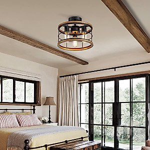 LOOYD Semi Flush Mount Ceiling Light Fixture Vintage Ceiling Light Farmhouse Ceiling Light Metal Cage Ceiling Lamp for Kitchen Dining Room Hallwa Bedroom Living Room (Wood Grain)