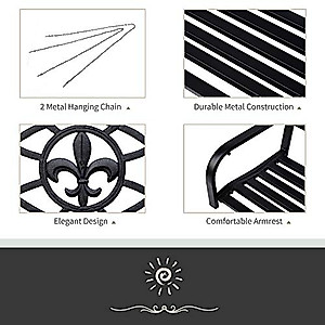 Outsunny 2-Person Porch Swing, Hanging Steel Patio Swing, Outdoor Swing Bench with Fleur-de-Lis Design for Garden Deck, 528 LBS Weight Capacity, Black