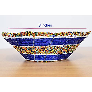 Set of 3 African Beaded Wire Bowls (2 x Large blue/red, 8 Inches + 1 Small blue, 6 inches) - Maasai Jewelry Bowl - Handmade in Kenya, KSBOWL012