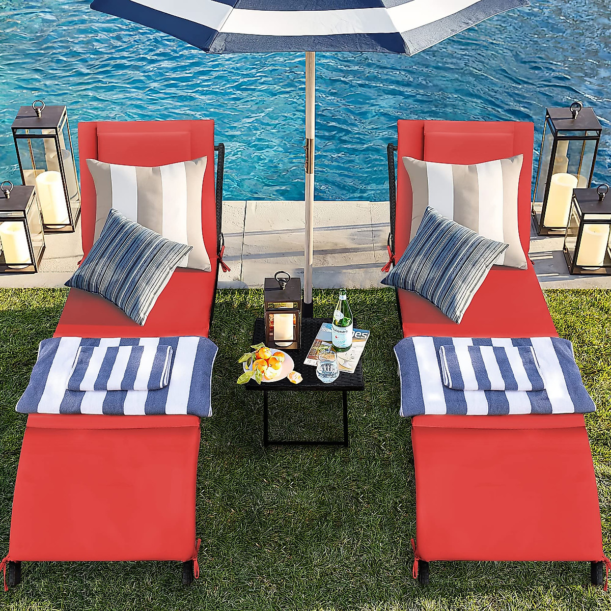 GUNJI Lounge Chairs for Outside 3 Pieces Patio Adjustable Chaise Lounge Outdoor Wicker Lounge Chairs Set of 2 with Table Folding Chaise Lounger for Poolside, Deck, Lawn (Red)