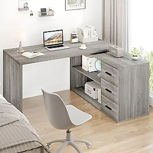 HSH L Shape Desk with Drawers, L-Shaped Desk with Storage Cabinet Shelves, Home Office Corner Computer Desk for Executive Writing, Modern Wood Study PC Table in Bedroom Living Room, Grey Oak, 55 Inch
