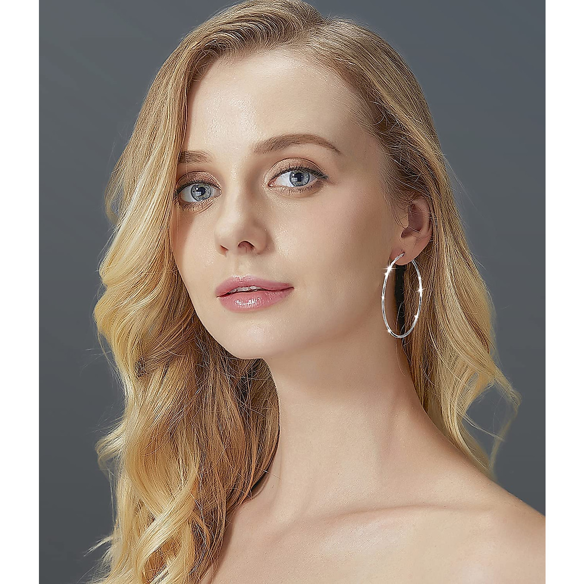 Hoop Earrings 925 Sterling Silver Post for Women 18K White Gold Plated Lightweight Hypoallergenic Diamond Cut Textured Round Hoop Earrings Thin Large Hoops Loop Earrings Size 50mm