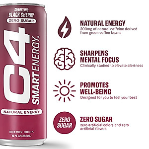 Cellucor C4 Smart Energy Drink - Sugar Free Performance Fuel & Nootropic Brain Booster, Coffee Substitute or Alternative | Black Cherry 12 Oz - 12 Pack