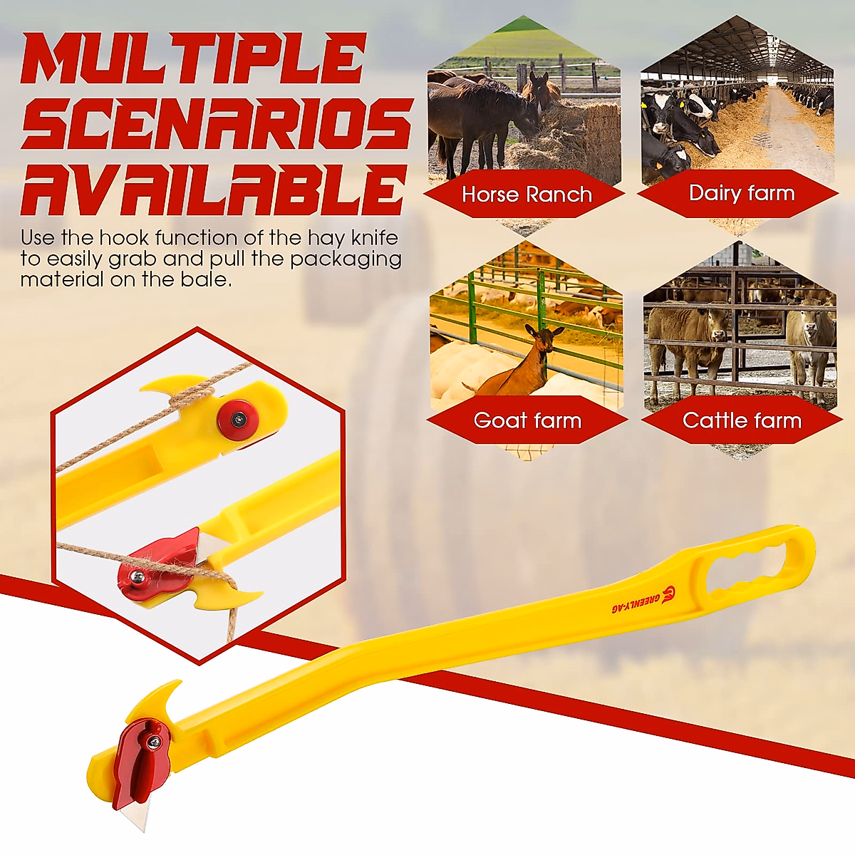 G GREENLY-AG 29" Hay Knife with 20 Blades, Net Wrap & Baling Twine Cutter, Hay Hooks, for Effortless Round Hay Bale Handling on Farms