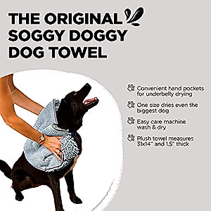 Soggy Doggy Super Shammy Dog Towel, Washable Microfiber Dog Towels for Drying Dogs and Cleaning Paws, Fast-Drying Dog Bath Towel with Hand Pockets, Gray/Gray Trim, 31 x 14 Inches