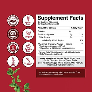 Natural Cranberry Gummies for Women and Men - Extra Strength Delicious Antioxidant Cranberry Chews for Urinary Tract Health Kidney Support Bladder & Immune Health - Vegan Gluten & Gelatin Free