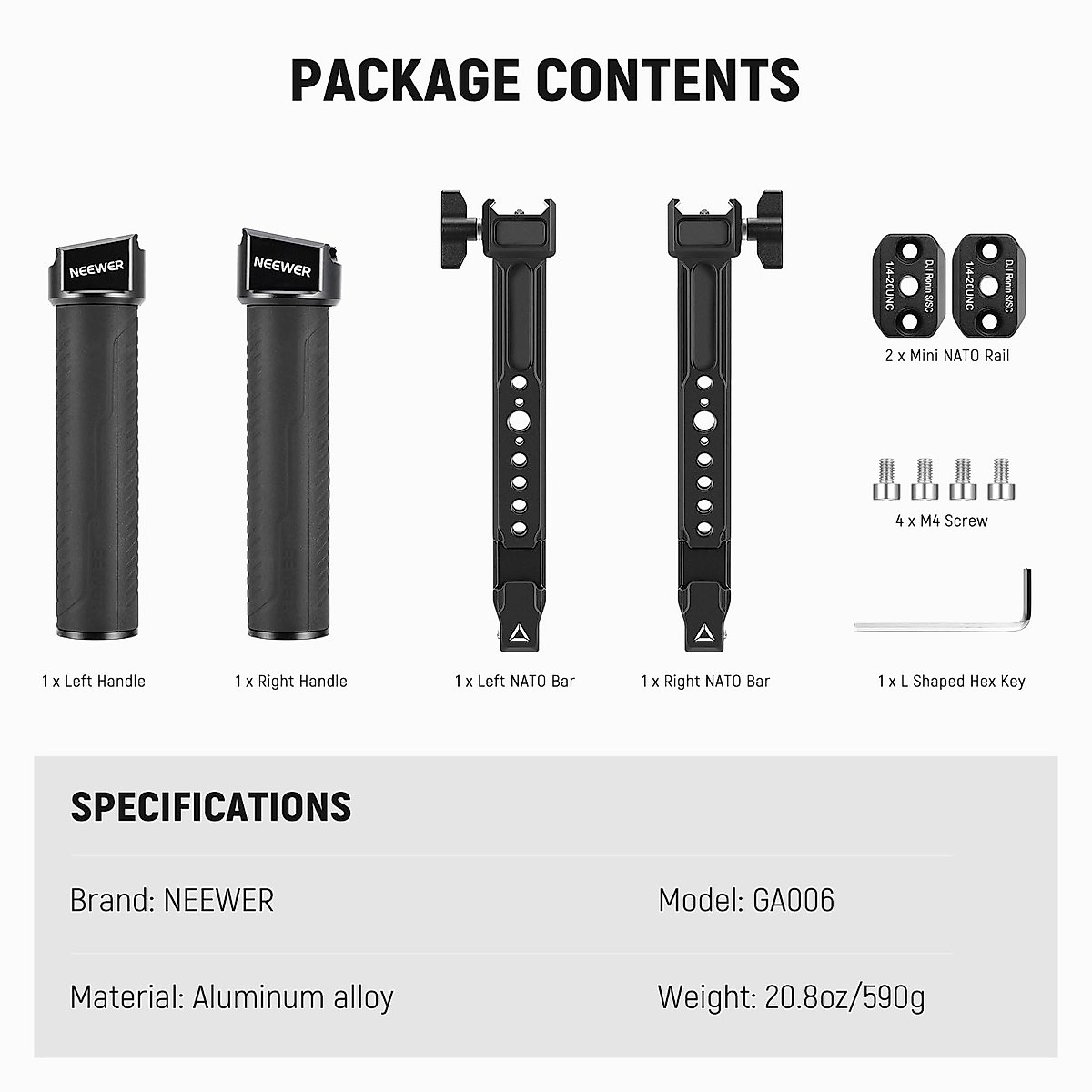NEEWER Dual Handgrip Compatible with DJI RS4 RS4 Pro RS3 RS3 Pro RS2 RSC2 Ronin S SC Gimbal, Dual Handle Kit with 2 Mini NATO Rails, Quick Release NATO Clamps, 1/4" & 3/8" Threads, GA006