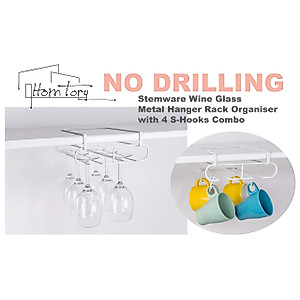 [HomTory] NO DRILLING Nail Free Stemware Wine Glass Metal Hanger Rack Organiser with 4 S-Hooks Combo - Holds Wine Glass, Mug, Utensil, Kitchenware, Stemware for Cabinet, Bar, Shelf, Kitchen