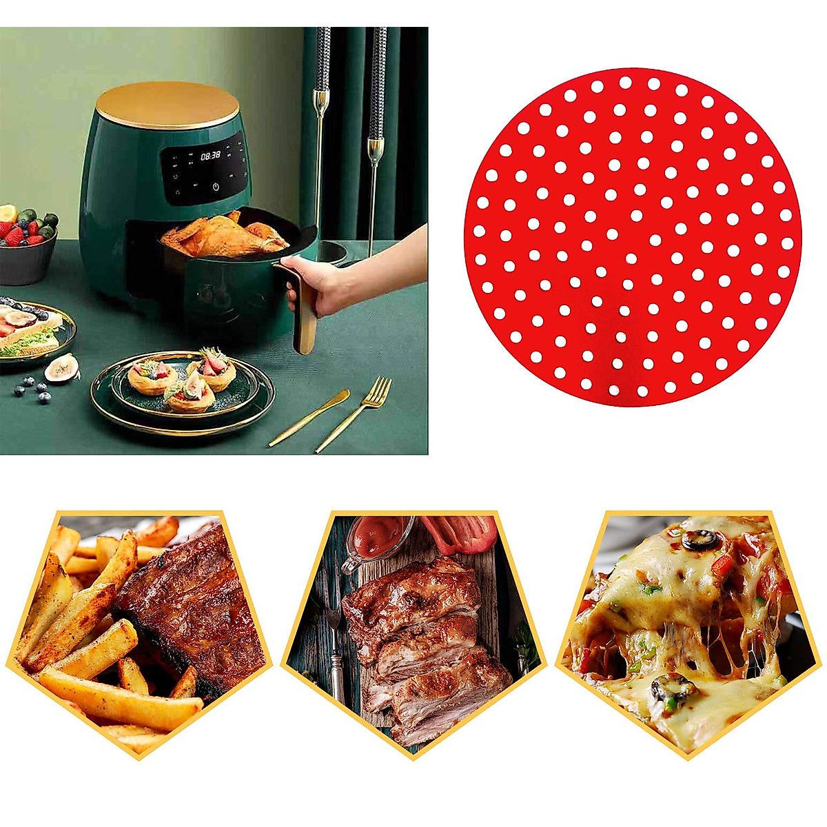 PINEPOEM Air Fryer Liners Reusable Silicone, Bamboo Steamer Liner, Perforated Liner for Air Fryer