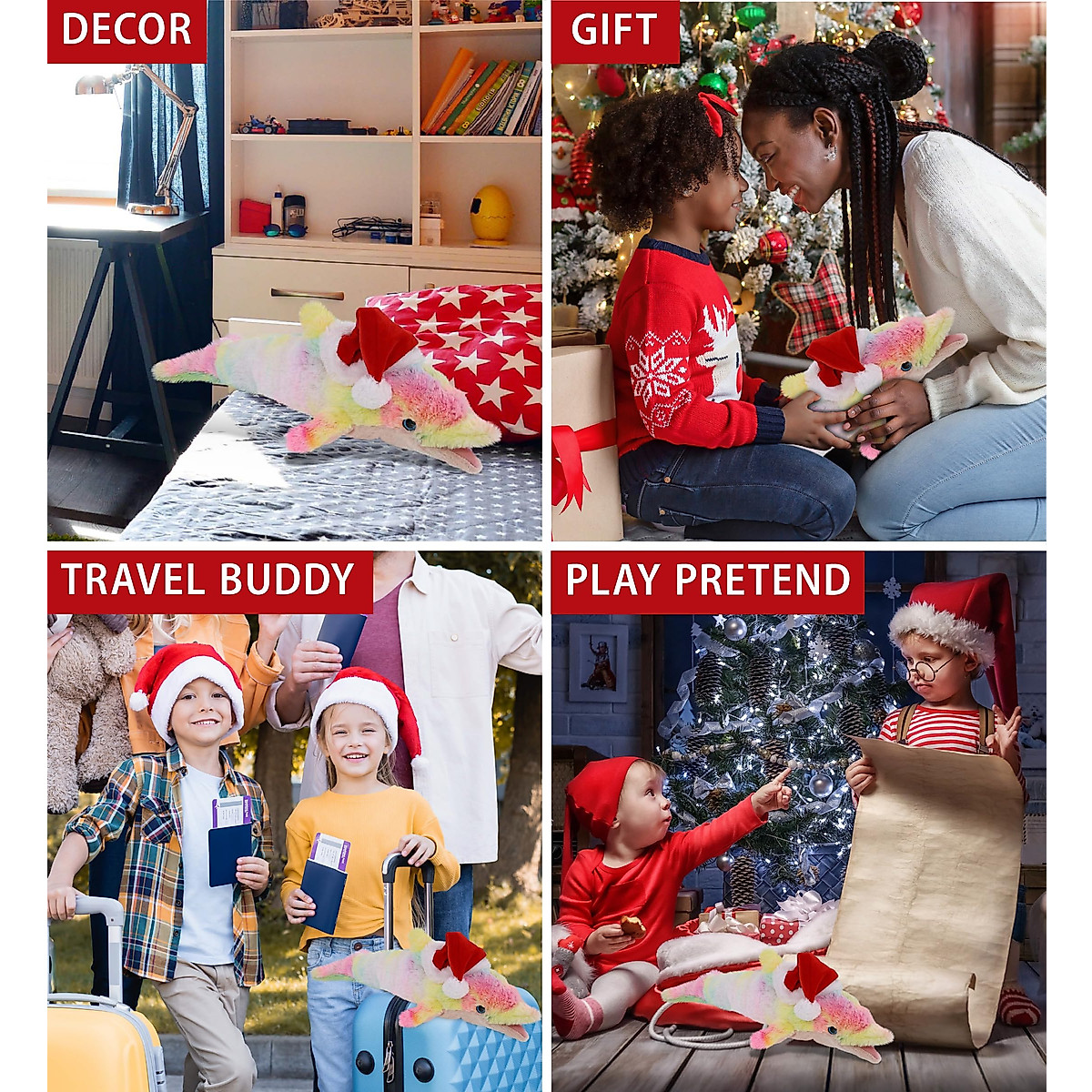 DolliBu Santa Large Rainbow Dolphin Stuffed Animal Plush Toy - Wild Animal Dress Up with Red Santa Claus Hat, Cute Wildlife Gift, Perfect Holiday with Name Personalization - 18 Inches