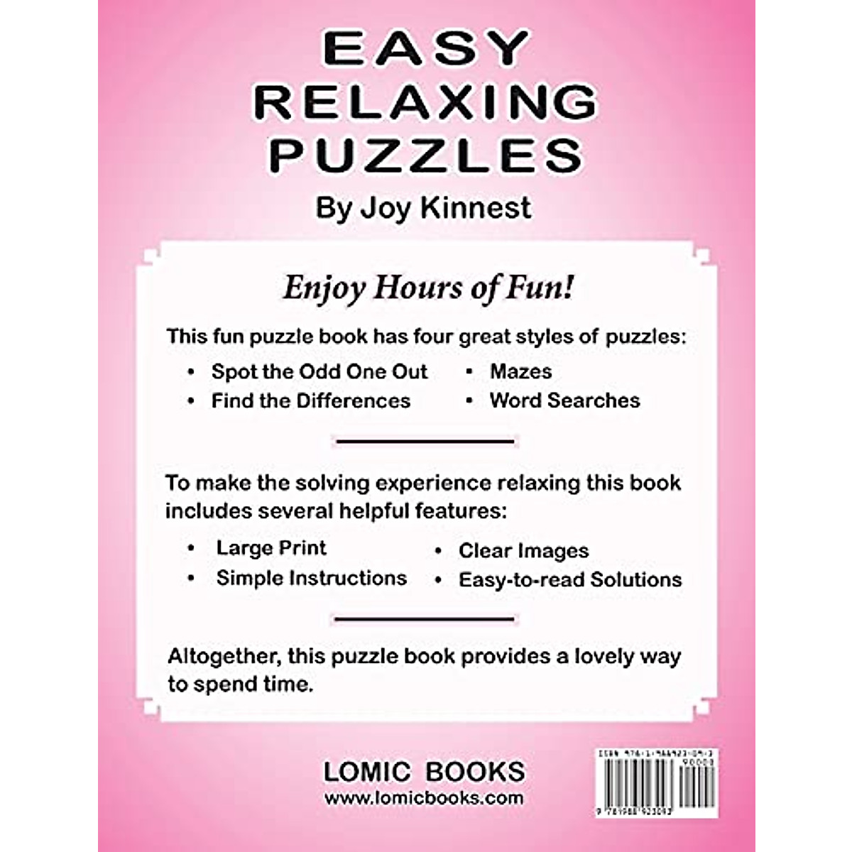 Easy Relaxing Puzzles: Includes Spot the Odd One Out, Mazes, Word Searches and Find the Differences