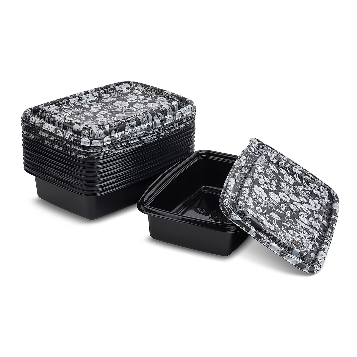 Core Kitchen Floral Black & White, 33.8 Ounce Capacity, Food-Grade BPA-Free Reusable Plastic, Microwave & Dishwasher Safe, Meal Prep Food Storage Containers, 10 Pack