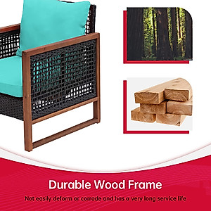 FDW 3-Piece Patio Bistro Set Acacia Wood Outdoor Chat Conversation Table Chair Set Outdoor Wood Chat Set with Water Resistant Cushions and Coffee Table for Beach Backyard Garden,Blue Cushion