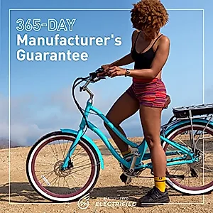 sixthreezero EVRYjourney Women's Electric Bike, 7-Speed Step Through Beach Cruiser eBike Bicycle, 250 Watt Motor, 26 Inch Wheels, Teal