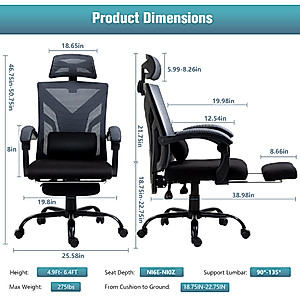 Reclining Office Chair with Foot Rest, Mesh Office Chair, Ergonomic Office Chair with footrest, Computer Desk Chair with Lumbar Support Pillow, 280lb Capacity