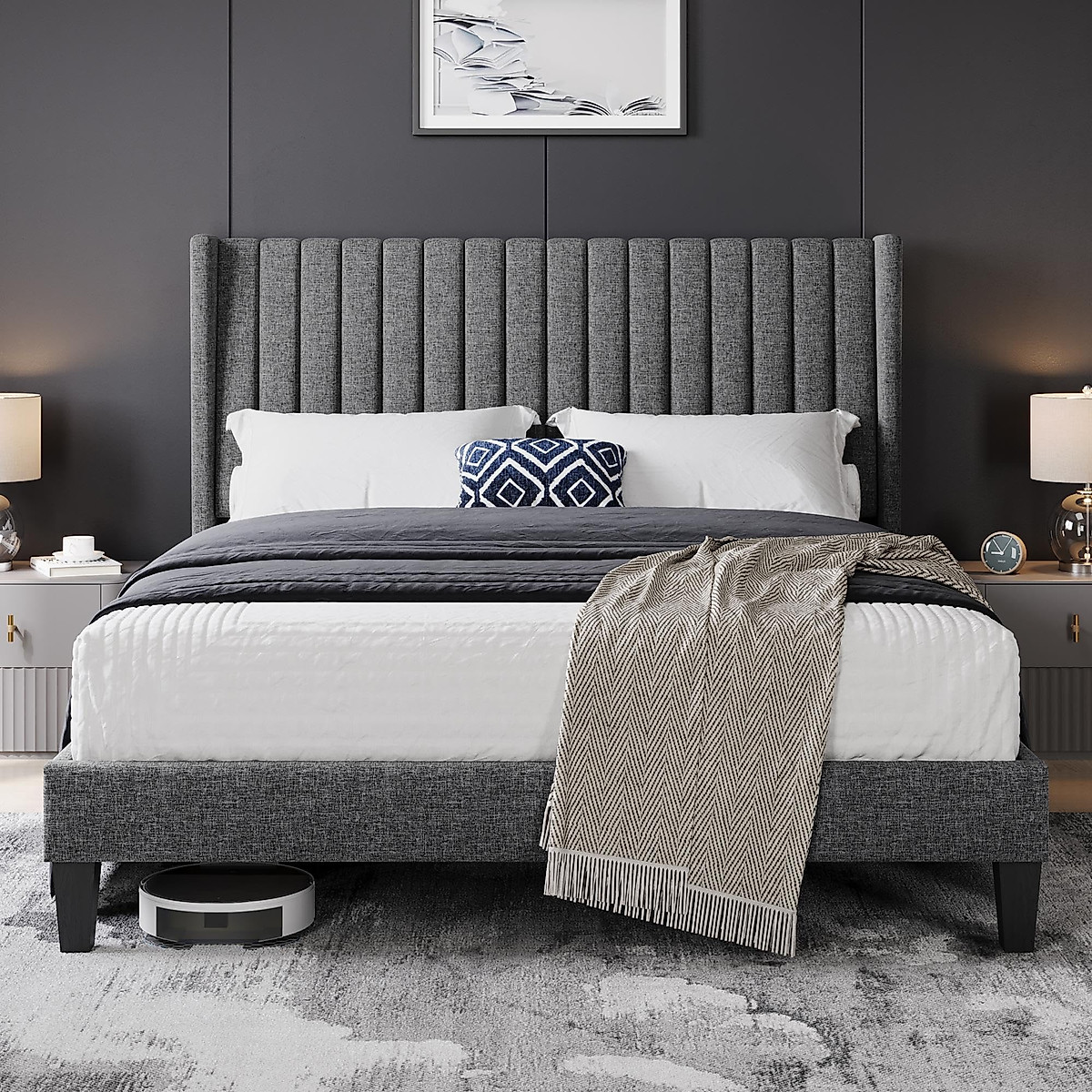 Yaheetech Queen Bed Frame Upholstered Platform Bed with Fabric Headboard, Wing Edge Design/Non-Slip and Noise-Free/Wooden Slats Support/No Box Spring Needed/Easy Assembly, Dark Gray Queen Bed