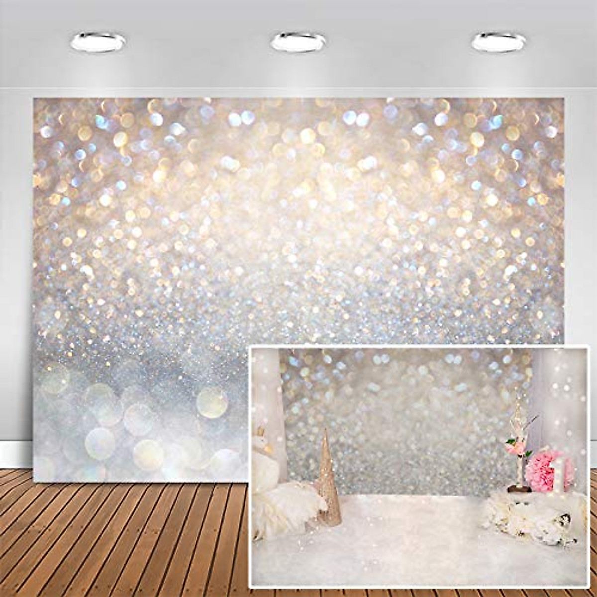 Mocsicka Silver White Bokeh Photography Backdrop Golden Spots Sparkle (No Glitter) Background Weeding Baby Shower Birthdat Newborn Baby Portrait Photo Studio Props (7x5ft (82x60 inch))