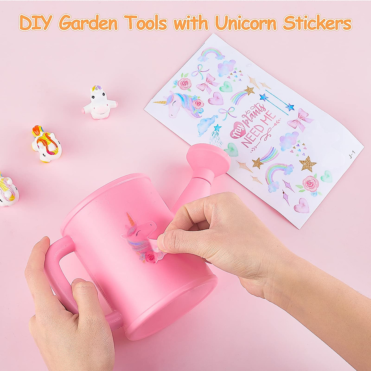 FIODAY Kids Gardening Set, Garden Tools for Kids with Watering Can, Shovel, Rake, Gloves, Waterproof Unicorn Apron with Pocket, Storage Bag and DIY Sticker Gardening Kit Gift for Girls