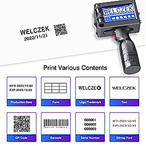 WELCZEK TIJ127 Handheld Inkjet Printer, Portable Handheld Printer with 4.3Inch Touch Screen Quick Drying Inkjet Coding Machine for Barcode Label Text Logo QR Code Batch Number (Support 25 Languages)