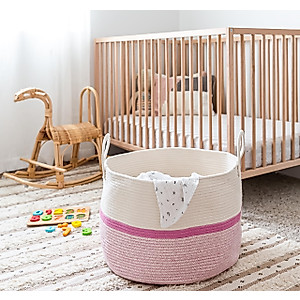 OrganiHaus Baby Laundry Basket 20x13, Large Cotton Rope Basket, Large Blanket Basket Living Room, Large Woven Basket, Extra Large Basket for Blankets Living Room, Pink Woven Laundry Basket