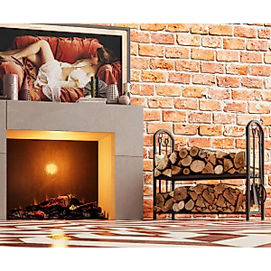 Fire Beauty Fireplace Firewood Log Rack 5-Piece Storage Logs Holder with Tools Set with 4 Tools Set Fireside Holders Wood Lumber Storage Stacking Black