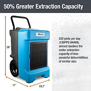 BlueDri BD-BD-130-BL Industrial Commercial Dehumidifier with Hose for Basements in Homes and Job Sites, Blue