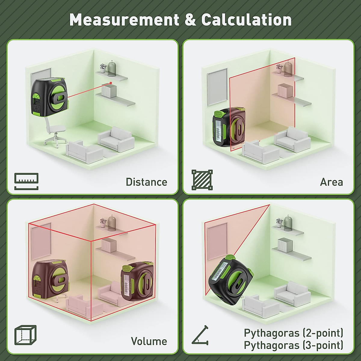 Huepar 2-in-1 Laser Tape Measure, 197Ft Rechargeable Laser Measurement Tool & 16Ft. Measure Tape with Backlit LCD & Movable Hook -Pythagorean, Area, Volume, M/in/Ft Unit Switch Digital Distance Meter