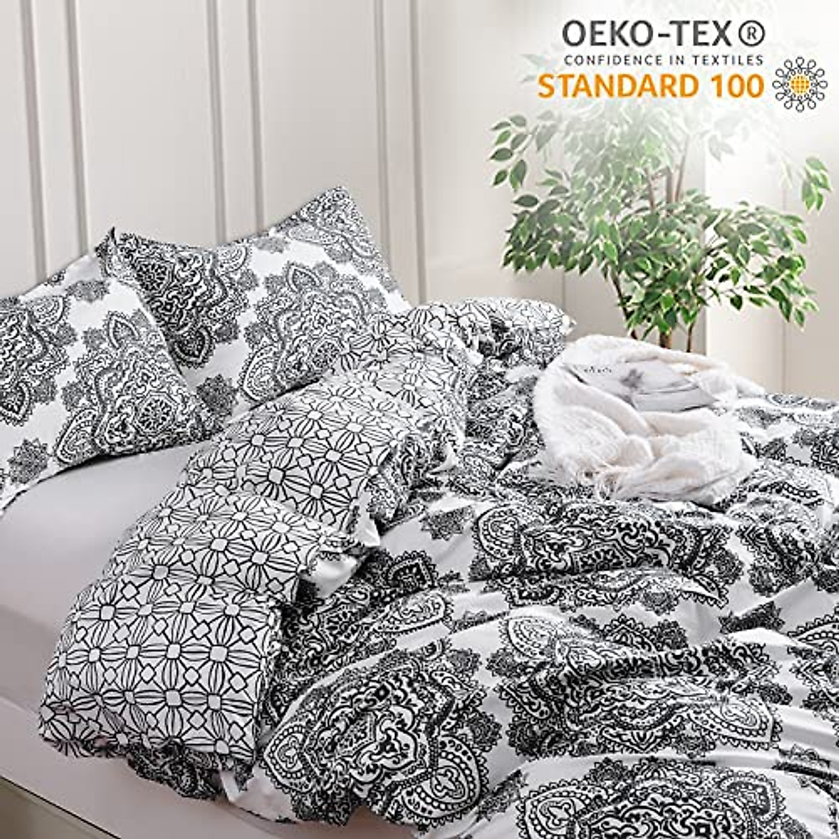 PHF Washed Soft Duvet Cover Set California King Size, 3 Piece Boho Paisley Printed Comforter Cover Set, Ultra Soft Comfy Durable Floral Farmhouse Duvet Cover with Zipper Closure, 104x98, Black