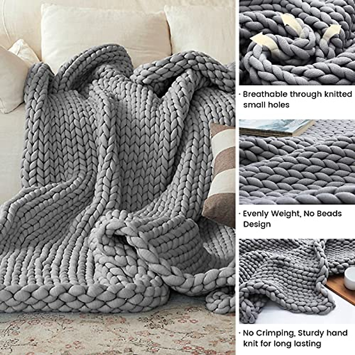 ZonLi Knitted Weighted Blanket 15 pounds (Light Grey, 48''x72''), Cooling Chunky Knit Weighted Blanket Twin Size, Handmade Cozy Home Decor for Sofa Bed