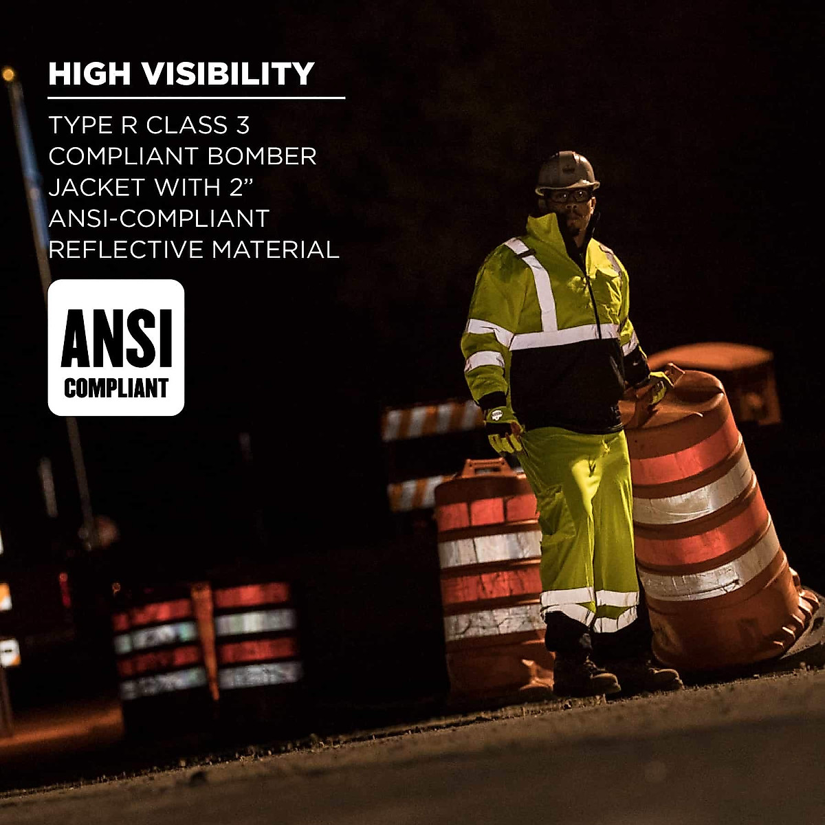 High Visibility Reflective Winter Bomber Jacket, Black Bottom, ANSI Compliant, Ergodyne GloWear 8377,2XL,Lime